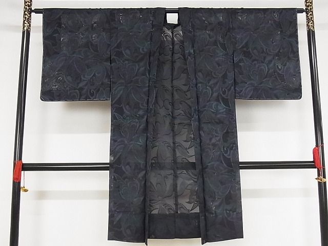 平和屋本店■極上　長羽織　スリーシーズン　春夏秋　塵除け　草花紋紗　黒地　正絹　逸品　未使用　KAAA1425kk4
