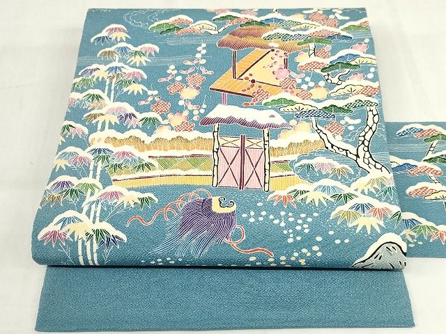 平和屋本店■極上　九寸名古屋帯　友禅　雪持ち　茶屋辻　松竹梅　銀河　浜ちりめん　反端付き　正絹　逸品　未使用　KAAA1527kk4