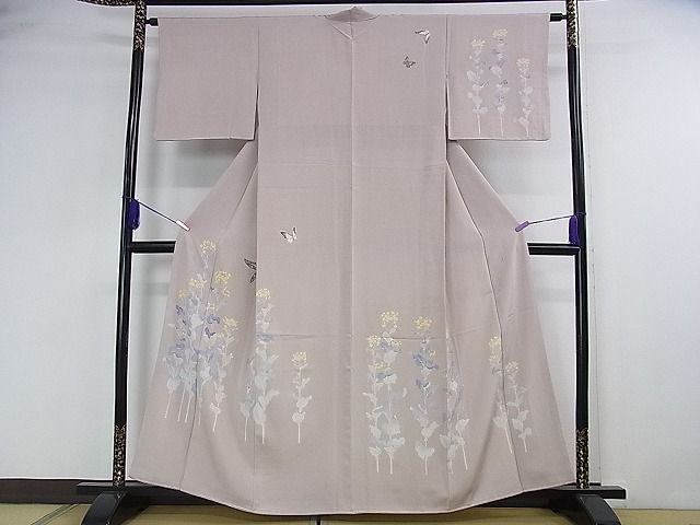 平和屋本店■極上 加賀友禅の巨匠 初代 由水十久 訪問着 菜の花 舞蝶 梅鼠色地 逸品 DZAA1935kh4