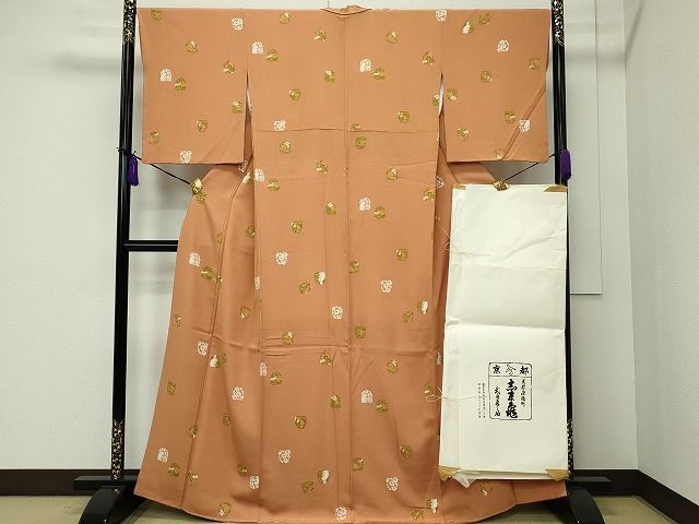 平和屋本店■極上　銀座　志ま亀　小紋　兎　草花文　赤朽葉色地　たとう紙付き　逸品　CZAA0957s4