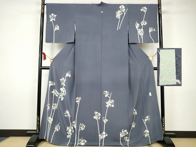 平和屋本店■極上　本加賀友禅作家　由水煌人　訪問着　枝花文　藍墨茶色地　正絹　逸品　KAAA1676kk4