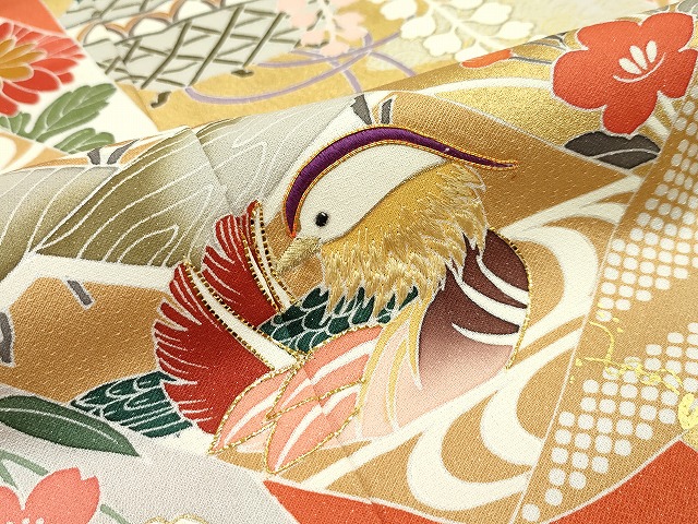 平和屋本店□極上 創業460年・千總 振袖 駒刺繍 鳳凰鴛鴦草花文 金彩