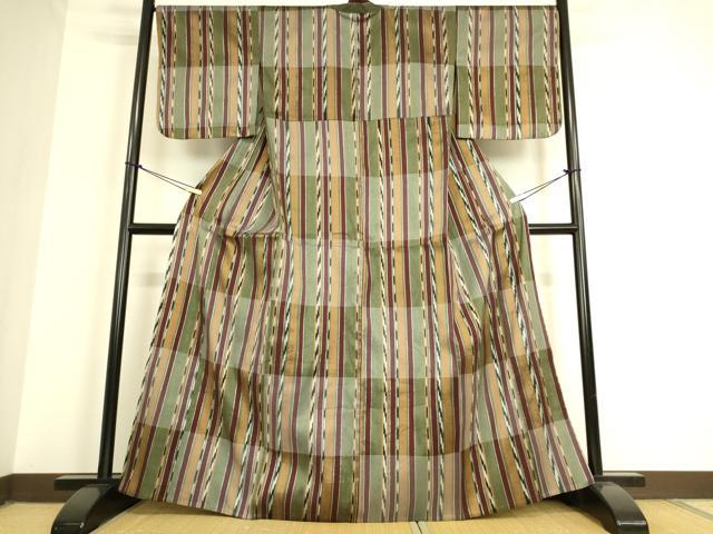 平和屋着物▽上質な紬　単衣　市松間道　銀糸　正絹　逸品　DAAQ3589az