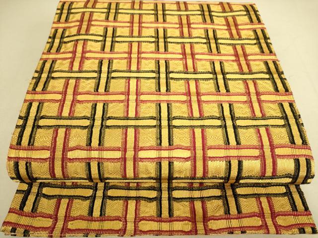 平和屋着物●両面　全通柄袋帯　網目文　金糸　正絹　逸品　DAAQ3642az