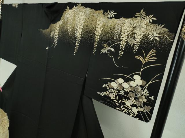 平和屋本店□極上 訪問着 単衣 駒刺繍 藤花房 饅頭菊 黒地