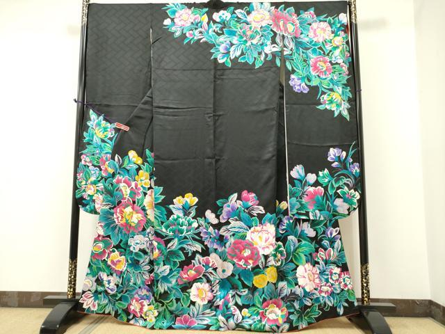 平和屋着物●豪華振袖　草花文　黒地　金彩　正絹　逸品　DAAR0318yyy