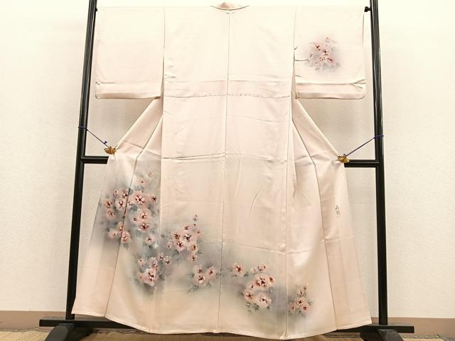 平和屋着物▽訪問着　単衣　作家物　手描き　草花文　正絹　逸品　BAAS7868yc