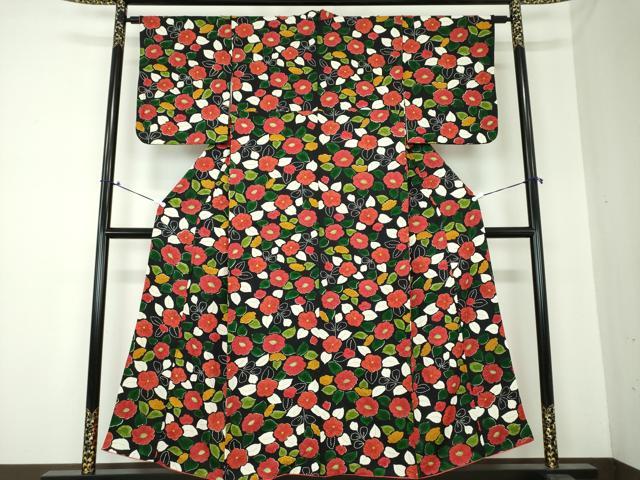 平和屋着物●上質な小紋　絞り　椿　黒地　金彩　正絹　逸品　DAAQ3279ps