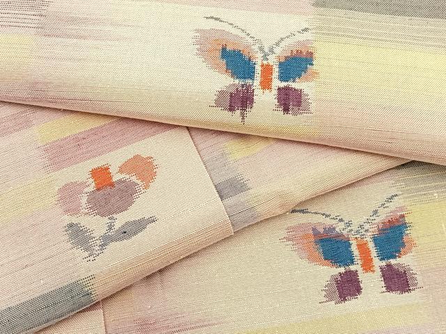 平和屋着物▽上質な紬　単衣　花蝶文　正絹　逸品　BAAS8358hv