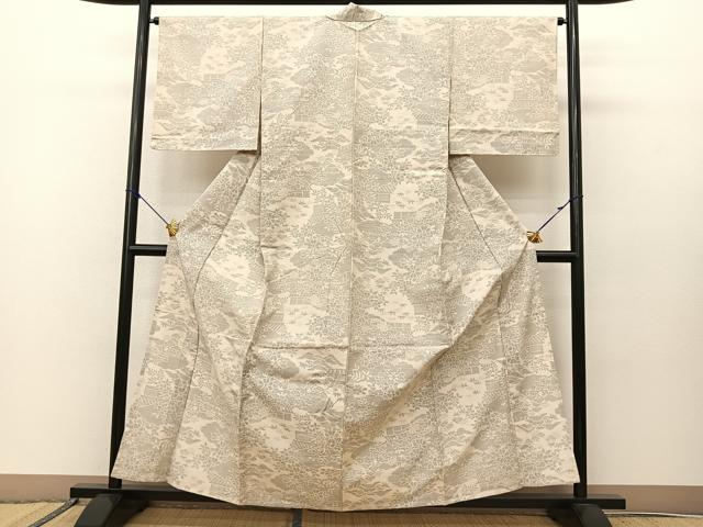 平和屋着物▽上質な紬　単衣　雲取り風景花文　正絹　逸品　BAAS8012yc