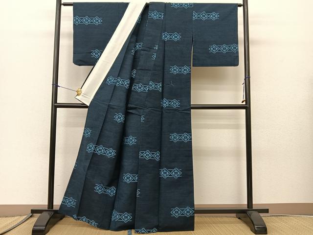 平和屋着物▽上質な紬 単衣 横段花菱文 正絹 逸品 BAAS8016yc