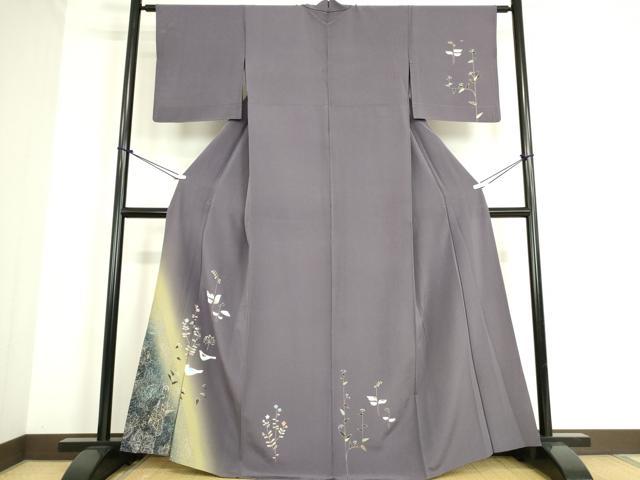 平和屋着物▽訪問着　単衣　花鳥文　暈し染め　金彩　正絹　逸品　DAAQ4509az
