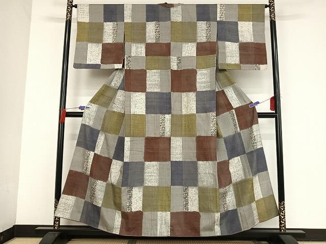 平和屋着物●伝統工芸士　七代目　吉澤与市　紬　背抜き仕立て　絞り　格子　正絹　逸品　AAAT9397np