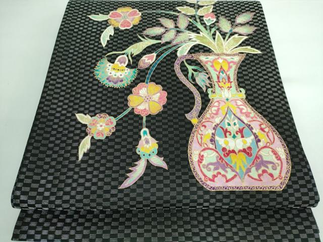 平和屋本店■極上　SALAMU サラム　藤井勝比琥　両面　太鼓柄袋帯　花瓶更紗　黒地　金彩　逸品　DZAA5414kh5