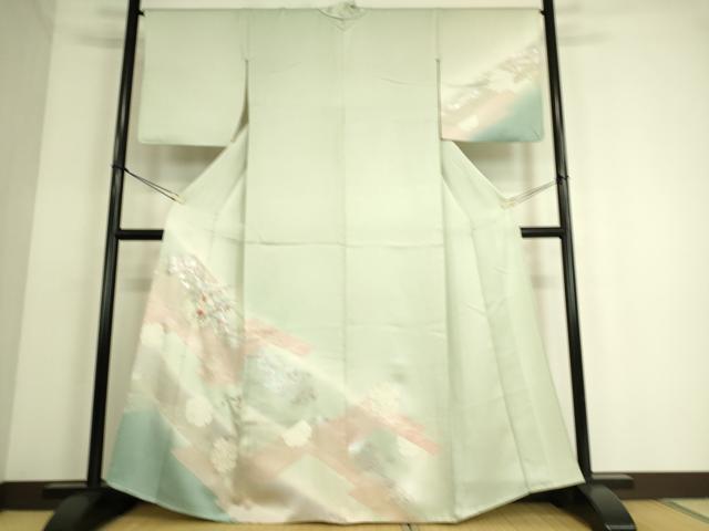 平和屋着物▽訪問着　単衣　刺繍　雪輪花文　銀彩　正絹　逸品　DAAS0070az