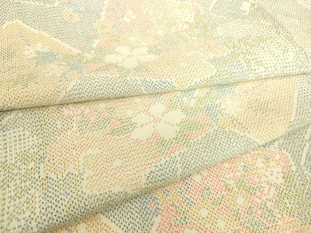 平和屋着物▽本塩沢　単衣　破れ色紙花文　正絹　逸品　DAAS0156az