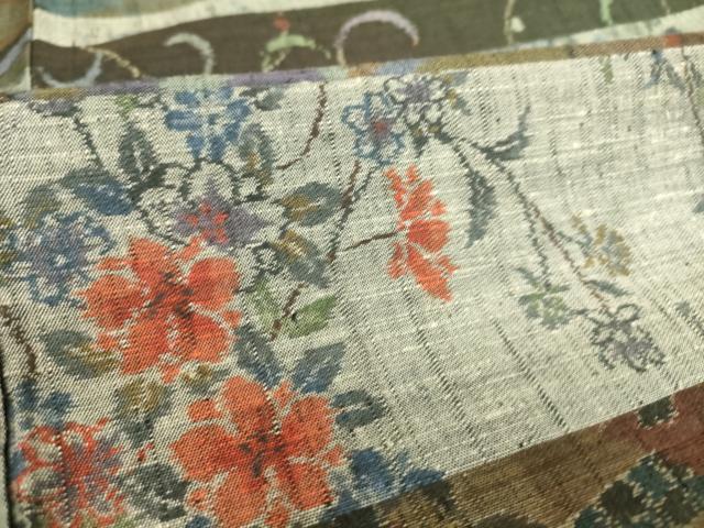 平和屋着物▽小地谷紬 単衣 横段花文 正絹 逸品