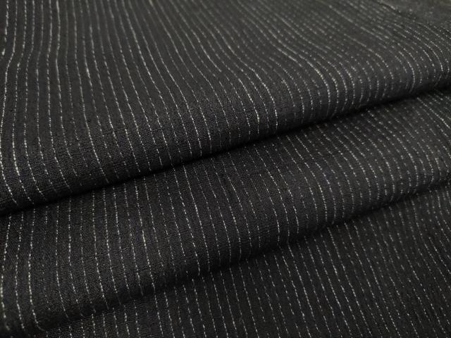 平和屋着物▽男性　紬　単衣　縮織　縞　黒地　正絹　逸品　DAAS0245az