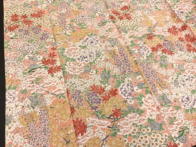 平和屋着物▽上質な小紋　単衣　牡丹花文　金彩　正絹　逸品　BAAT1120hv