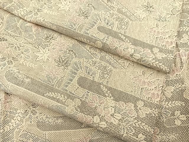 平和屋着物▽上質な紬 単衣 御所車草花文 正絹 逸品 BAAT1123hv