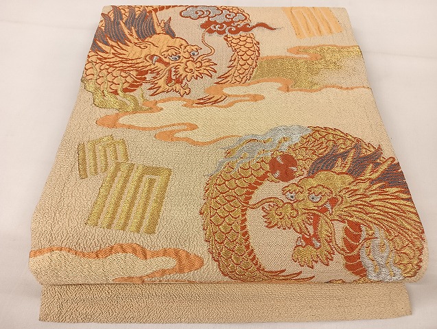 平和屋着物●アンティーク　大正ロマン　両面六通柄京袋帯　龍丸文　金銀糸　正絹　逸品　AAAU4244np