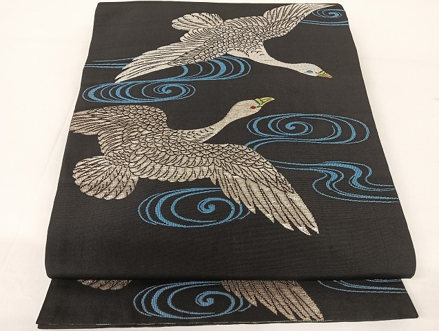 平和屋着物●アンティーク　大正ロマン　両面六通柄京袋帯　雁　雀　黒地　金銀糸　正絹　逸品　AAAU4243np