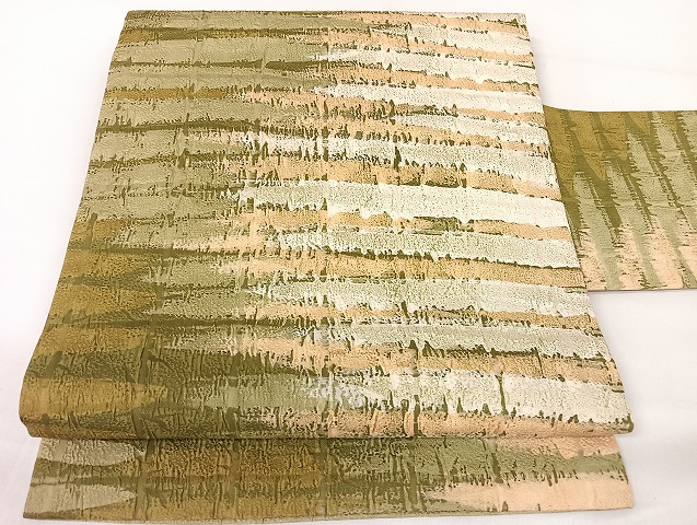 平和屋着物●松煙染の第一人者　川島草苑　九寸名古屋帯　ふくれ織　霞文　正絹　逸品　AAAU4245np