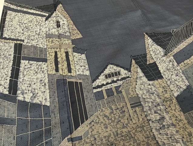 平和屋着物○本場大島紬 訪問着 ろうけつ染め 家屋風景文 正絹 逸品