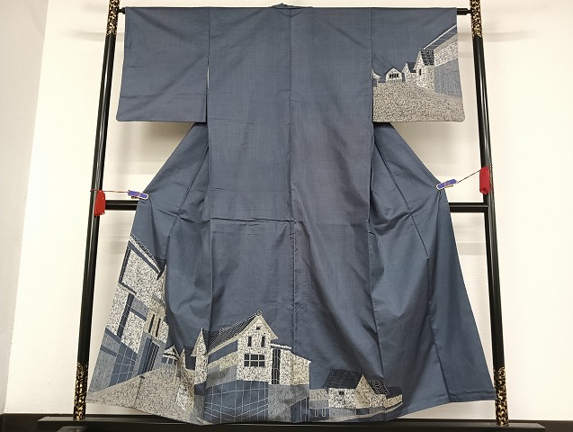 平和屋着物●本場大島紬　訪問着　ろうけつ染め　家屋風景文　正絹　逸品　AAAU4262np