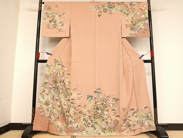 平和屋着物●訪問着　友禅　御所車花文　金彩　正絹　逸品　AAAU4269np