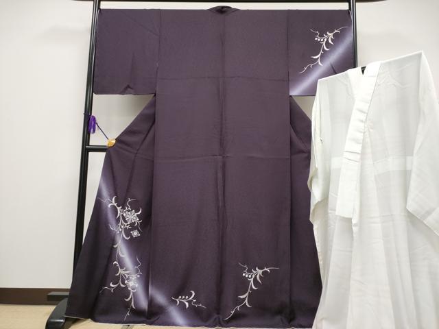 平和屋本店■極上　訪問着・長襦袢セット　総刺繍　花唐草菱文　暈し染め　銀糸　似せ紫色地　逸品　CYAA2796s5