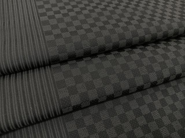 平和屋着物●上質なお召　縞　市松文様　黒地　正絹　逸品　BAAT0844yc