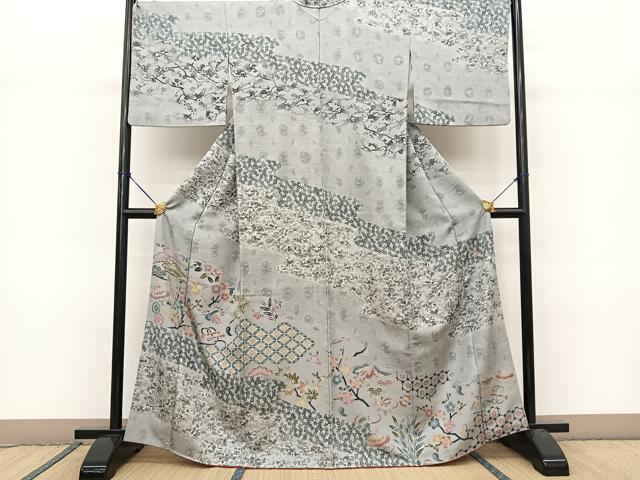 平和屋着物●小林文次郎　訪問着　紬地　型染め　飛鶴宝尽くし花文　正絹　逸品　BAAT0878yc