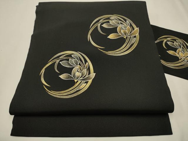 平和屋着物●九寸名古屋帯　草花丸文　黒地　金銀彩　正絹　逸品　CAAT0878hy