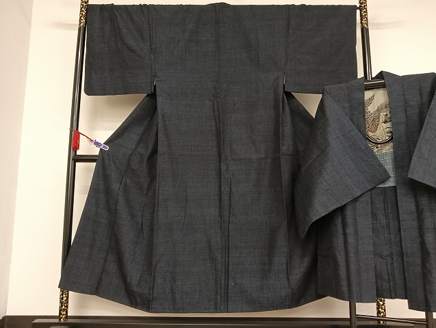 平和屋着物●男性　結城紬　アンサンブル　杢　濃藍色　正絹　逸品　AAAU4279np