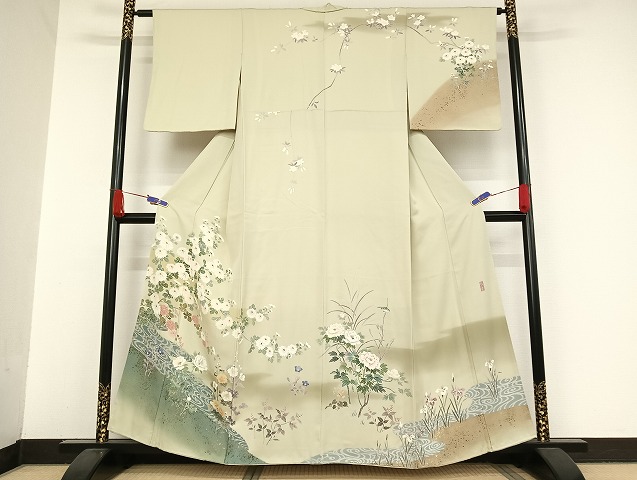 平和屋着物●熊野桂堂 友禅　蝋纈染　訪問着　流水草花文　暈し染め　金彩　正絹　逸品　AAAU4317np