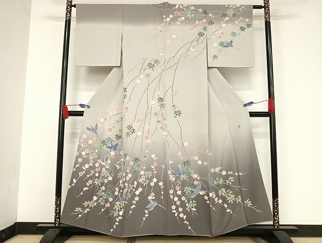 平和屋着物●十日町　加賀草木友禅の第一人者　田村哲彦　訪問着　梅松花鳥文　暈し染め　正絹　逸品　AAAU4358np