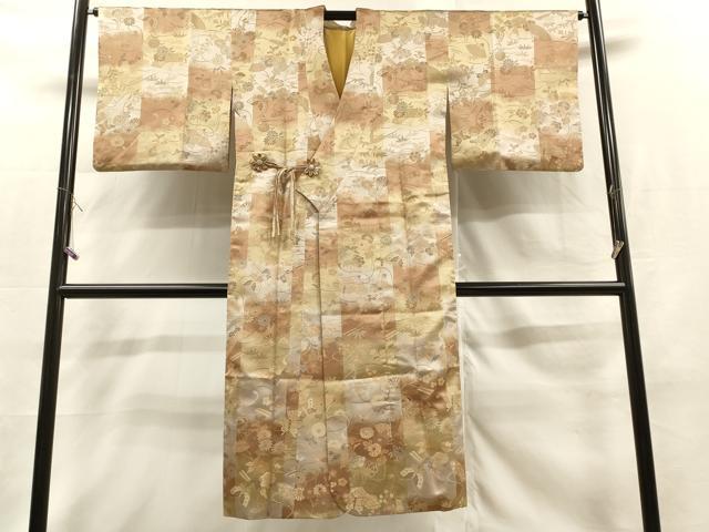 平和屋着物＃道中着　市松扇面花蝶文　ロング丈　正絹　逸品　CAAR9128id