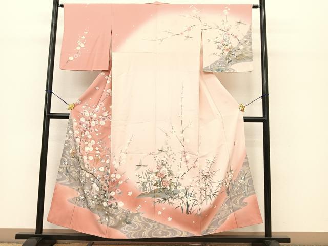 平和屋着物●十日町友禅作家　松雨　訪問着　流水花鳥文　暈し染め　金銀彩　正絹　逸品　BAAT0924yc