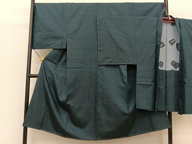 平和屋着物●男性　紬　アンサンブル　色無地　高麗納戸色　正絹　逸品　未使用　BAAT0946yc