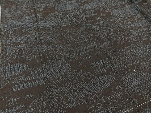 平和屋着物●結城紬　80亀甲　飛び亀甲　風景花文　正絹　逸品　未使用　BAAT0952yc