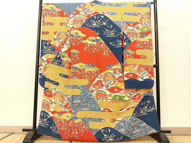 平和屋着物●和染紅型　栗山紅型　栗山吉三郎　振袖　型染め　飛鶴吉祥花文　鬼しぼ縮緬　正絹　逸品　BAAT0991yc