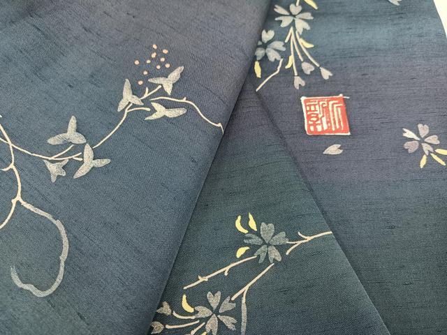 平和屋着物○訪問着 作家物 紬地 手描き ろうけつ染 枝花