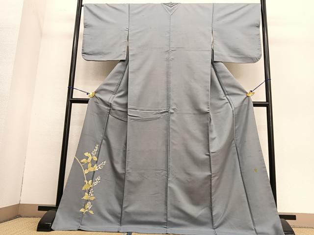 平和屋着物●京加賀糸目友禅作家　山崎巌　白山紬　枝花文　ロング丈　正絹　逸品　BAAT6680hv