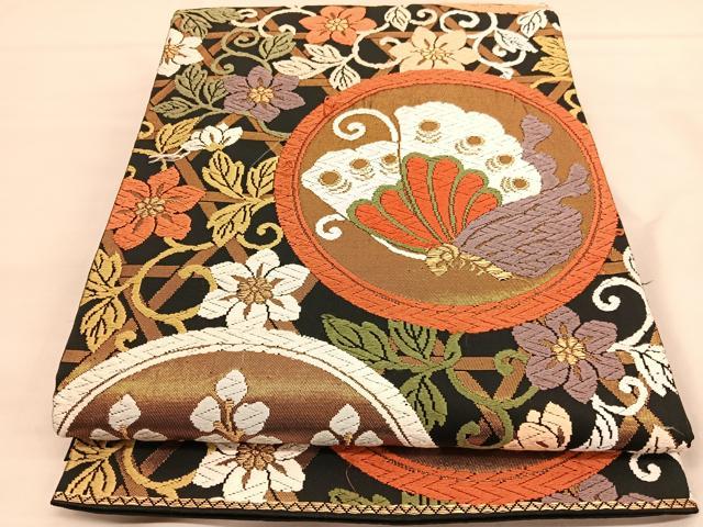 平和屋着物■六通柄袋帯　唐織　花蝶丸文　黒地　金糸　正絹　逸品　BAAT6795hv