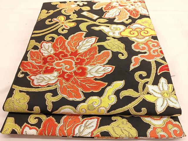 平和屋着物■六通柄袋帯　唐織　明繍唐花錦　黒地　金糸　正絹　逸品　BAAT6799hv