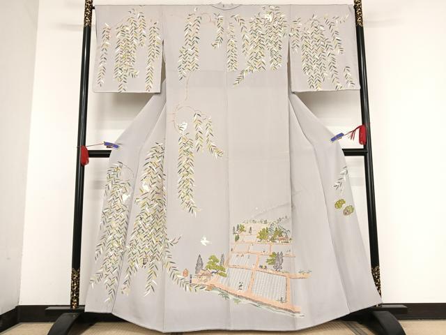 平和屋着物●名門・上野家　上野街子　清染居　隆男　訪問着　人物風景文　鬼しぼ縮緬　正絹　逸品　AAAU4394np