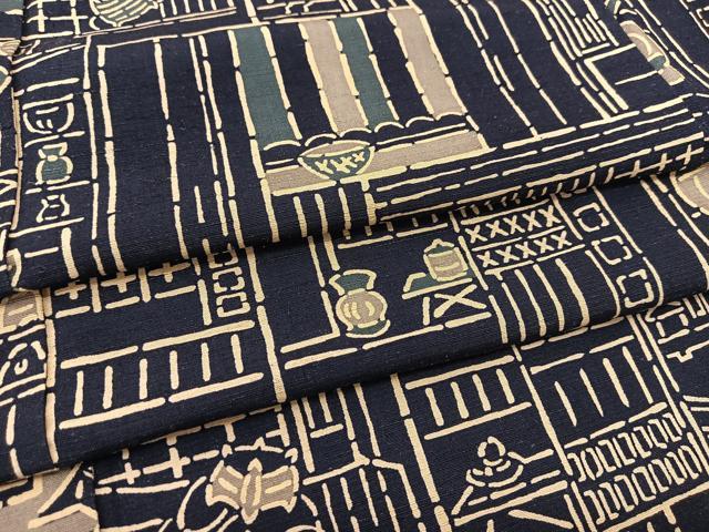 平和屋着物▽上質な紬　単衣　型染め　風景文　正絹　逸品　BAAT9049yc