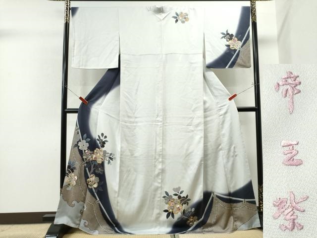 平和屋着物●京の名門　じゅらく謹製　帝王紫　訪問着　駒刺繍　立波花唐草文　暈し染め　金彩　正絹　逸品　CAAS7119yc