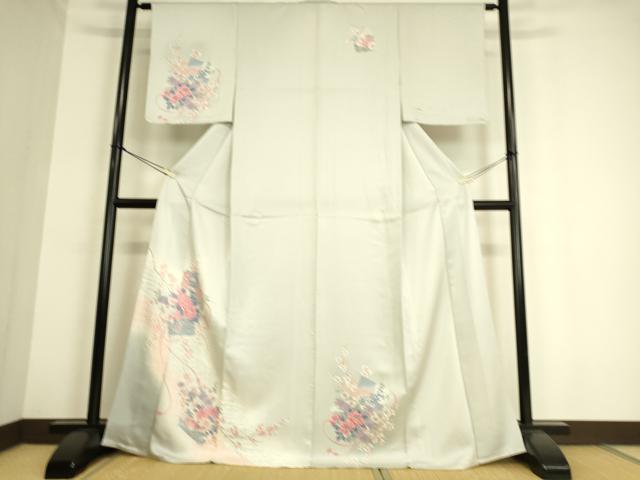 平和屋着物▽訪問着　単衣　色紙花鳥文　正絹　逸品　DAAS0941az